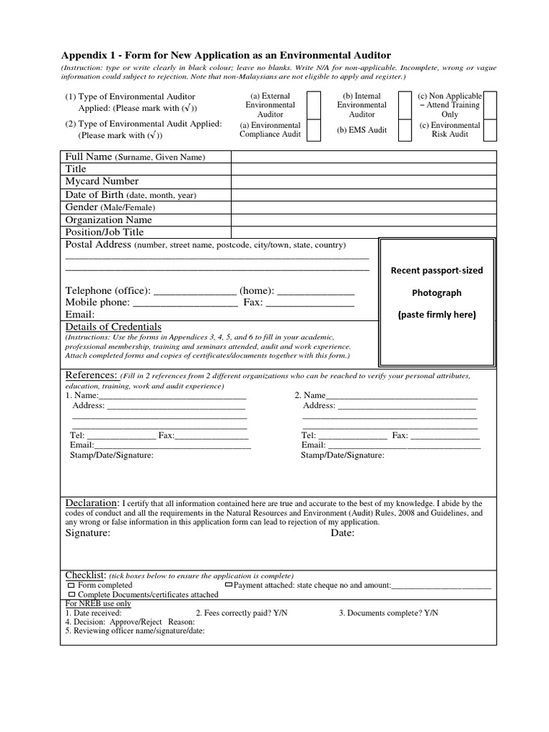 Environmental Auditor Application Form | Download Free PDF | Audit ...