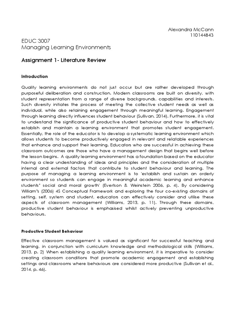 EDUC 3007 Managing Learning Environments: Assignment 1-Literature Review | Download Free PDF ...