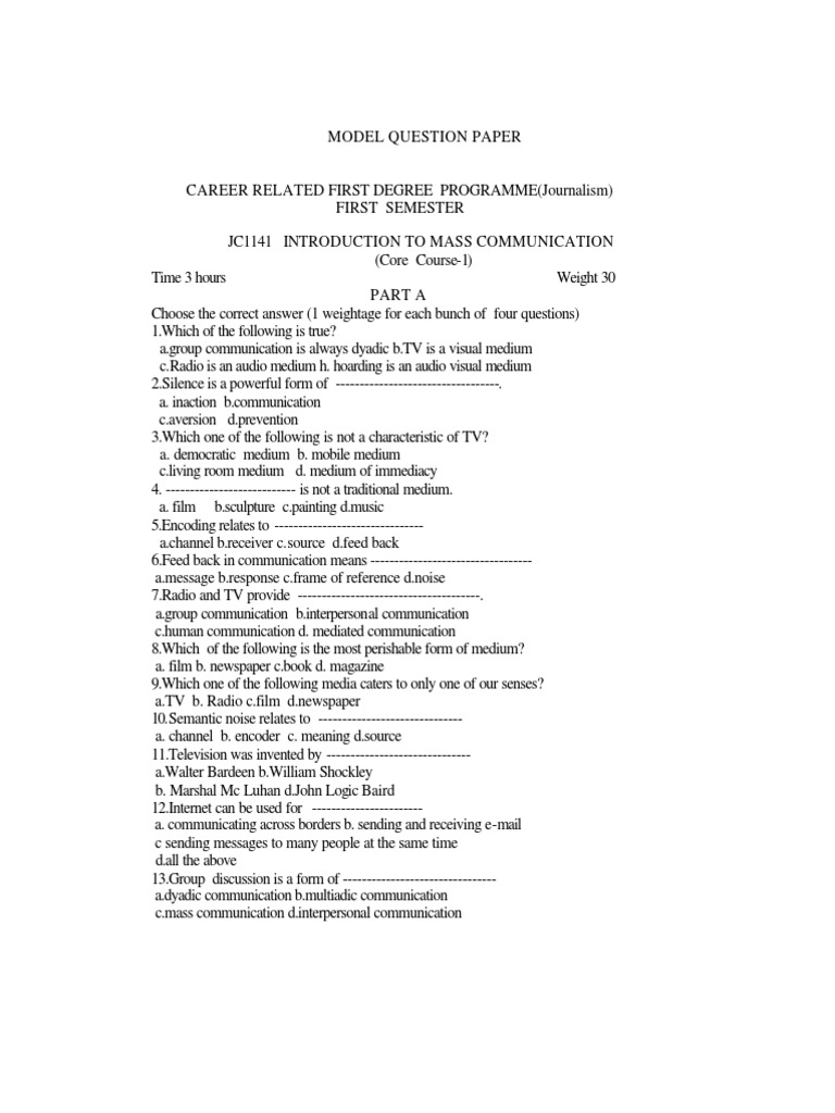 Mass Communication Model Question Paper | PDF | Mass Media | Communication