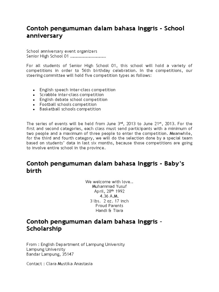 Contoh Pengumuman Dalam Bahasa Inggris Pdf