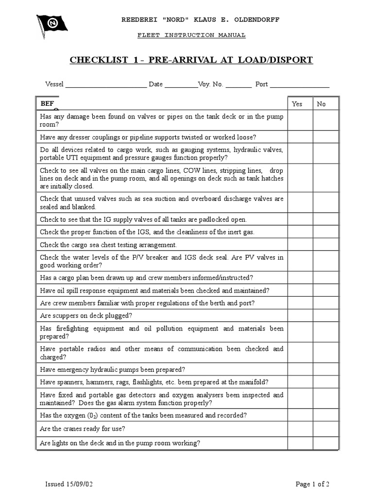 PRE ARRIVAL AT LOAD-DISPORT CHECKLIST (TANKER).doc | Valve | Pipeline ...