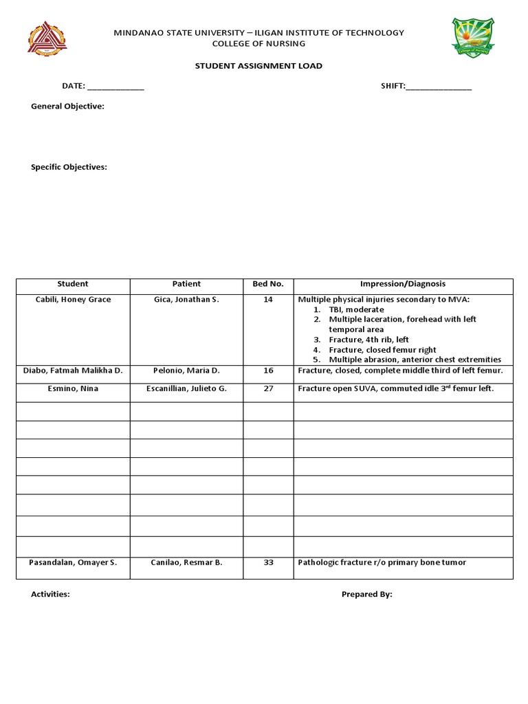 Student Nurse Assignment Sheet Detailing Patient Assignments, Diagnoses ...