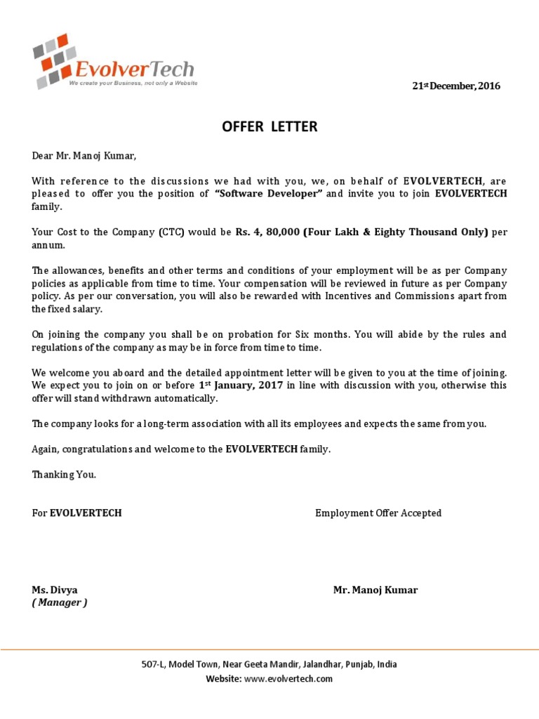 Manoj Kumar-Offer Letter | PDF | Career & Growth | Finance & Money ...