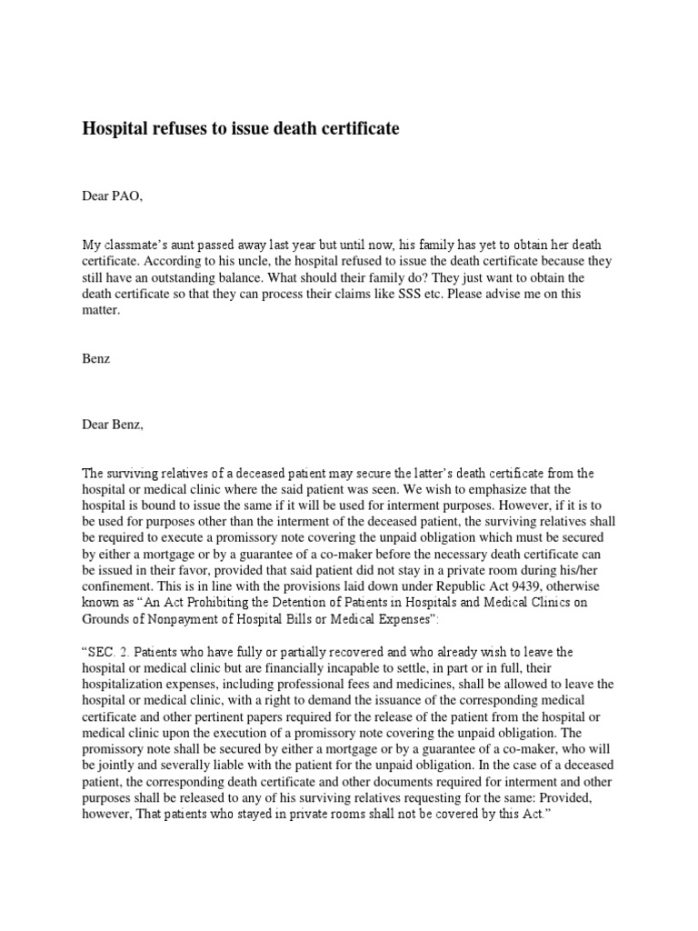 Hospital Refuses To Issue Death Certificate | PDF | Death Certificate ...