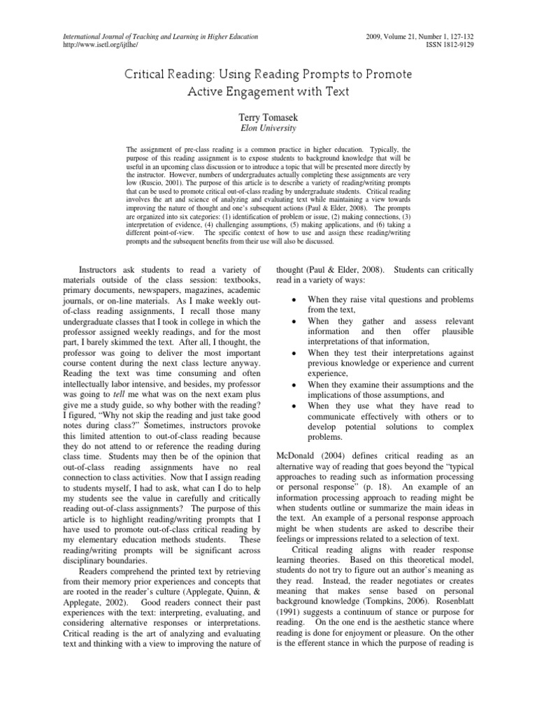 Critical Reading, Using Reading Prompts To Promote Active Engagement ...