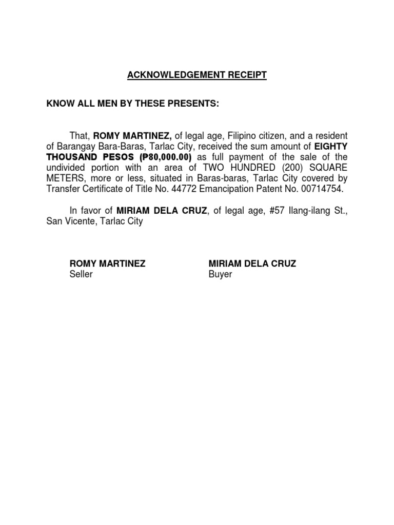 Acknowledgement Receipt for Land Payment | PDF