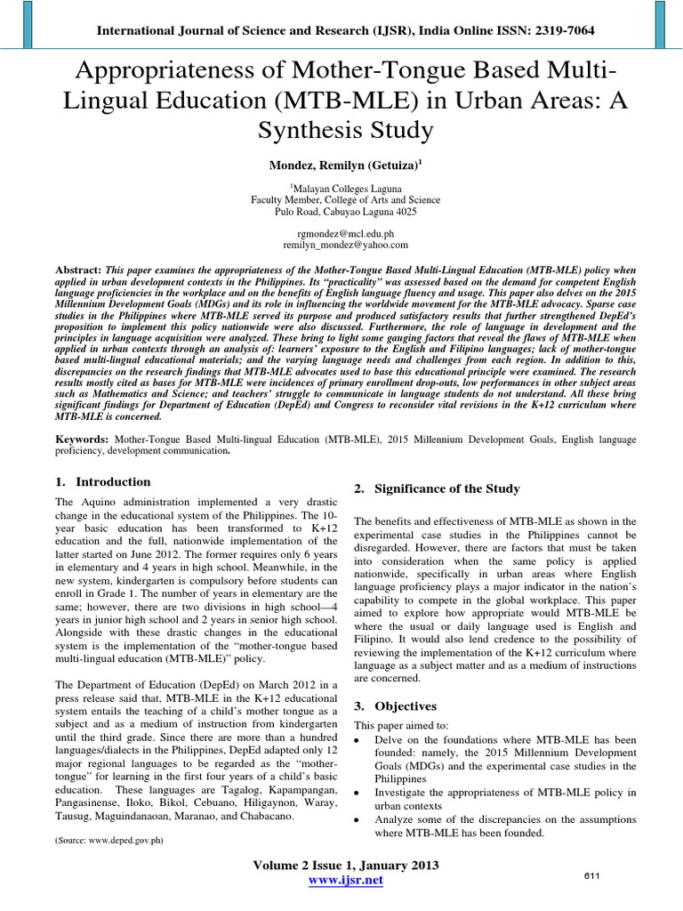 Appropriateness of Mother-Tongue Based Multi-Lingual Education (MTB-MLE ...
