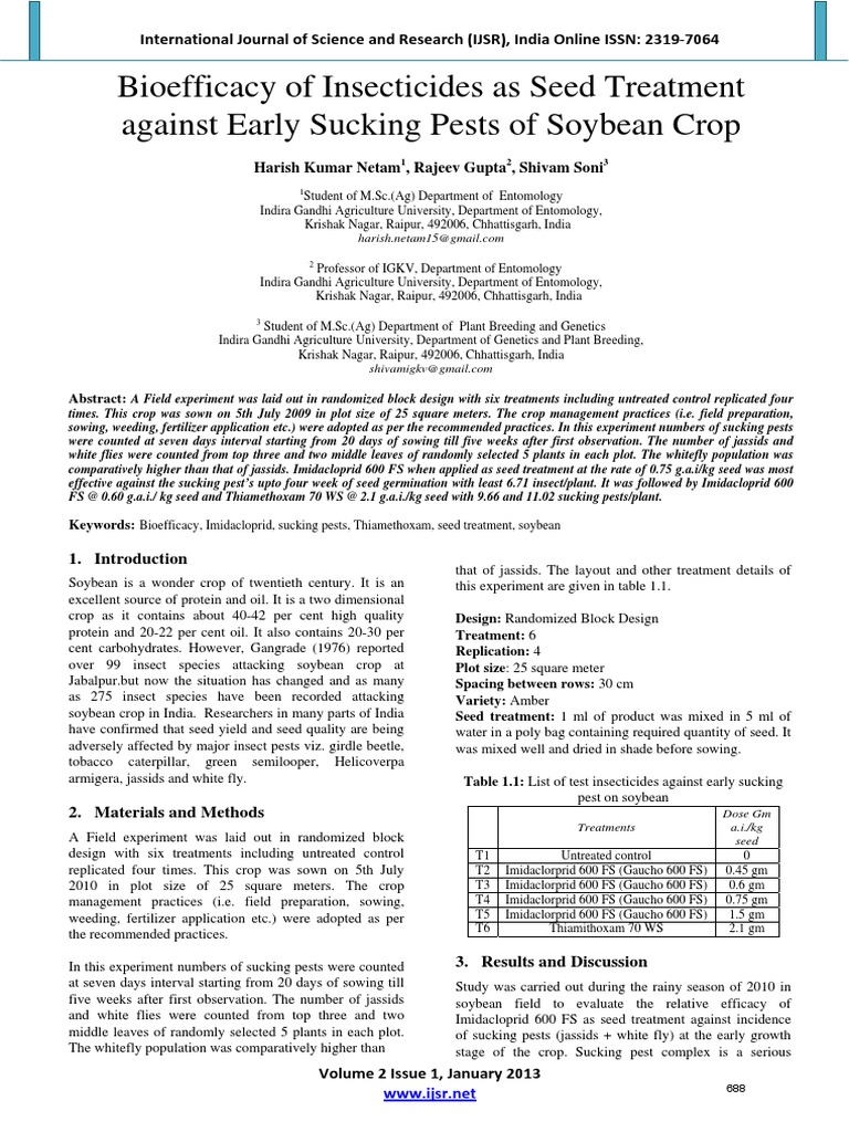 Bioefficacy of Insecticides As Seed Treatment Against Early Sucking ...