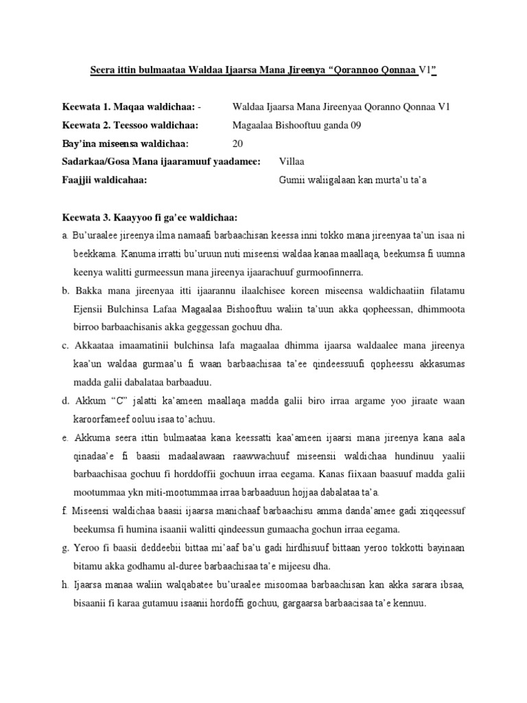 Seera Ittin Bulmaataa Waldaa Ijaarsa Mana Jireenya | PDF