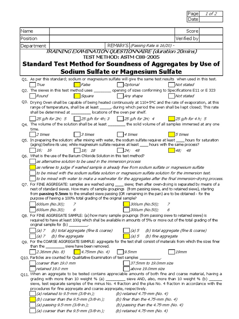 Questionnaire ASTM C88-05 | PDF | Sodium | Magnesium