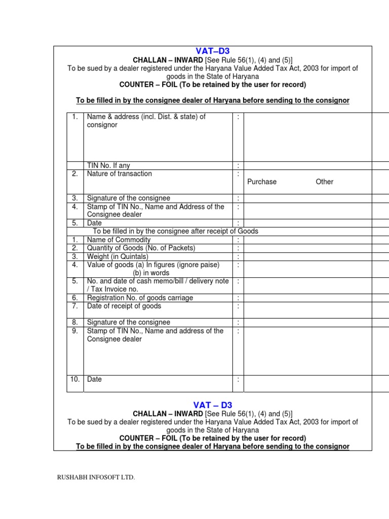 Haryana VAT D3 Challan Form Guide | PDF | Invoice | Value Added Tax