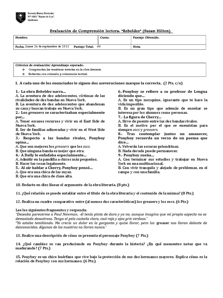 Prueba de Rebeldes de Susan Hilton | PDF