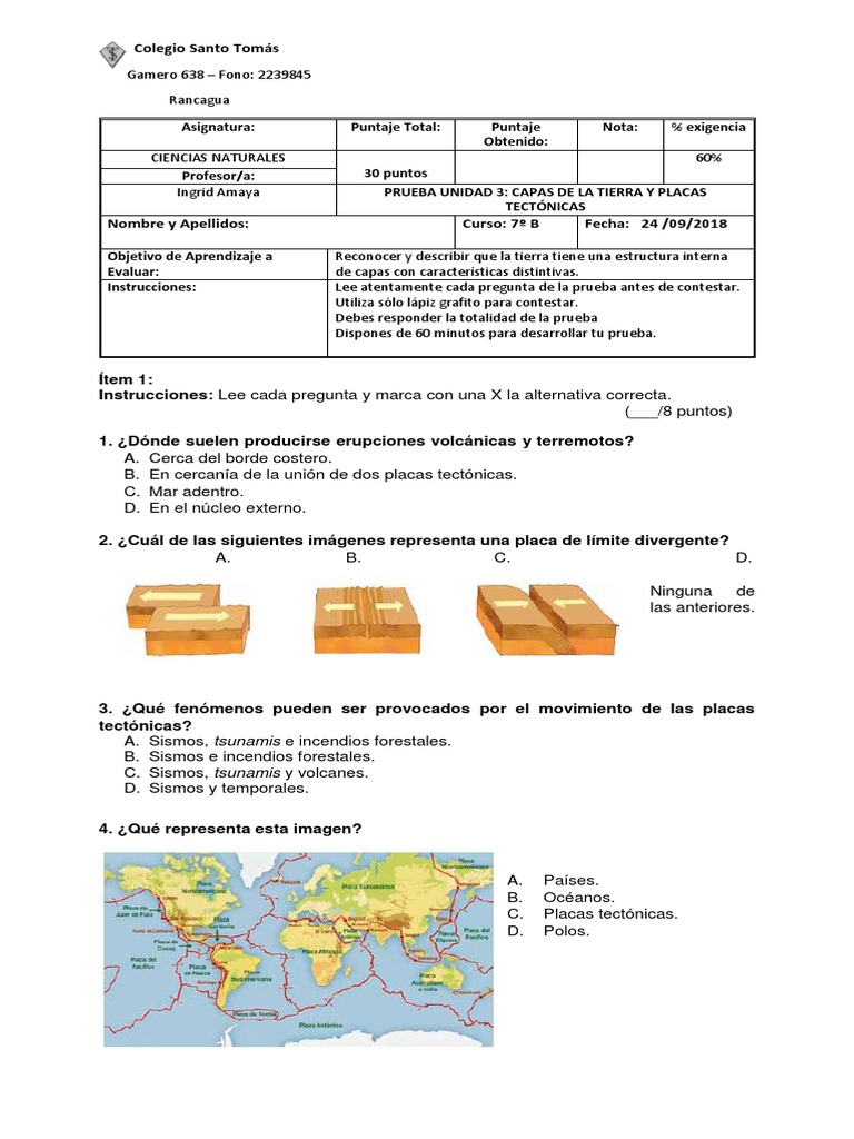 Prueba Capas de La Tierra y Placas Tectonicas | PDF | Placas tectónicas ...