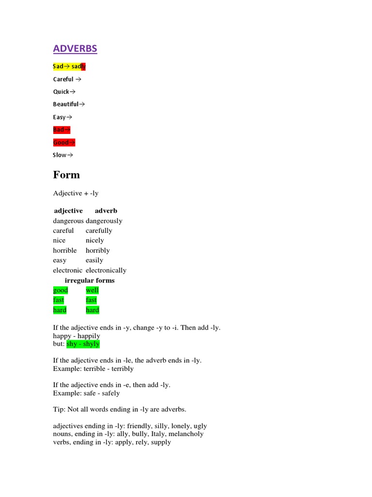 Adverbs: Sad Sadly Careful Quick Beautiful Easy Bad Good Slow | PDF