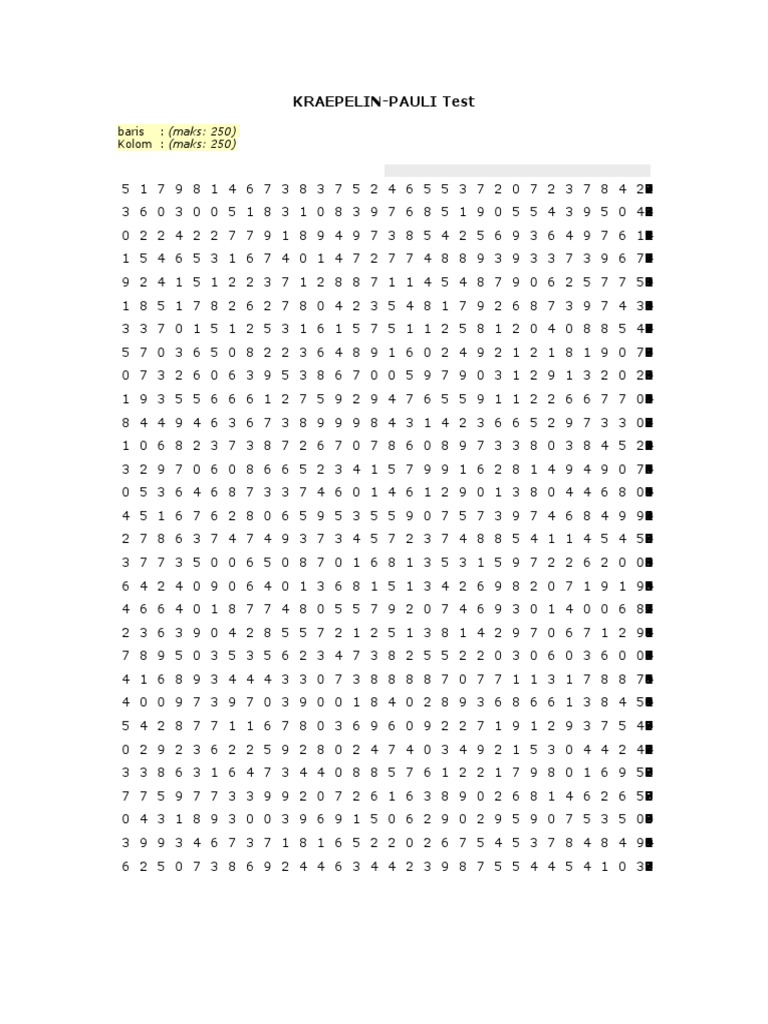 Kraepelin-Pauli Test: Baris: (Maks: 250) Kolom: (Maks: 250) | PDF