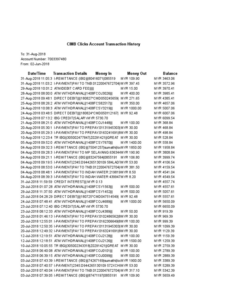 CIMB Clicks Transaction History Report | PDF | Debits And Credits ...