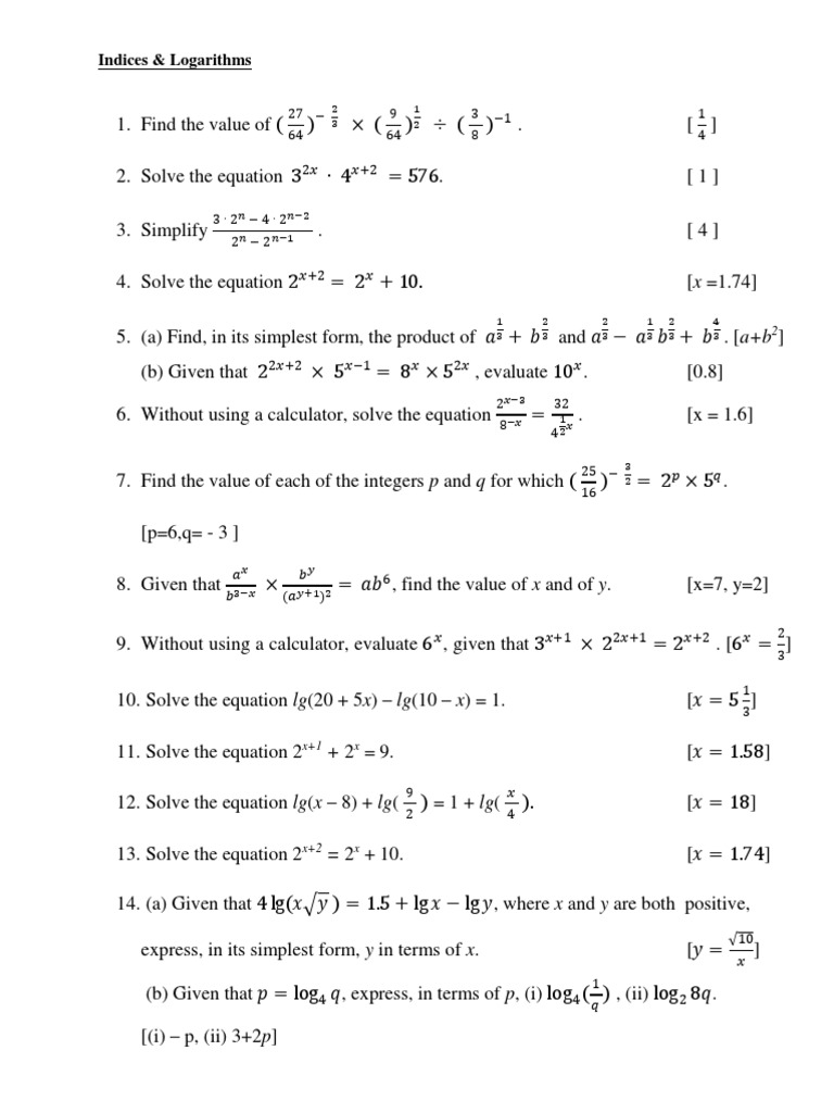 Indices and Logarithms | PDF | Logarithm | Equations