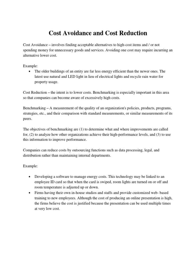 Cost Avoidance and Cost Reduction | PDF | Benchmarking | Cost Accounting