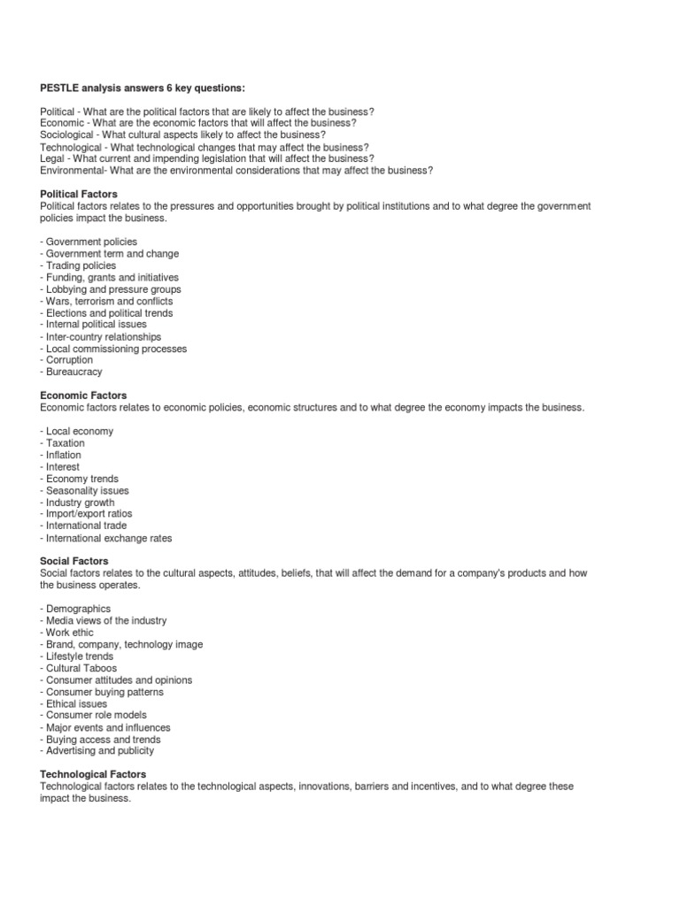 PESTLE Analysis Answers 6 Key Questions | PDF | Regulation | Business