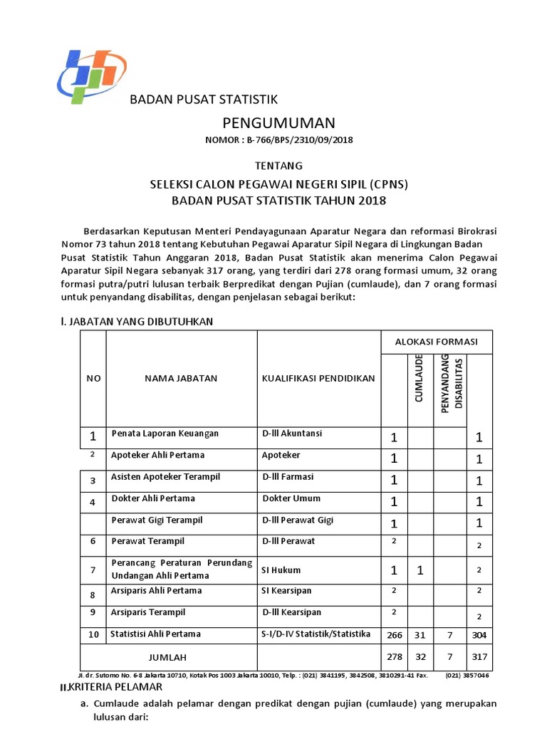 Seleksi CPNS BPS 2018: Formasi & Syarat | PDF