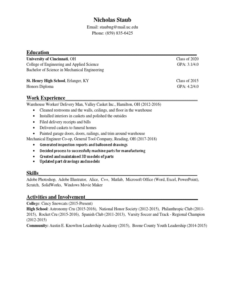 Nicholas Staub: Mechanical Engineer Resume | PDF