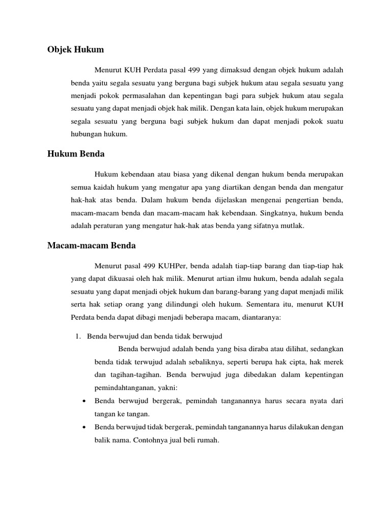 Macam-Macam Objek Hukum dan Benda | PDF | Ilmu Sosial | Hukum