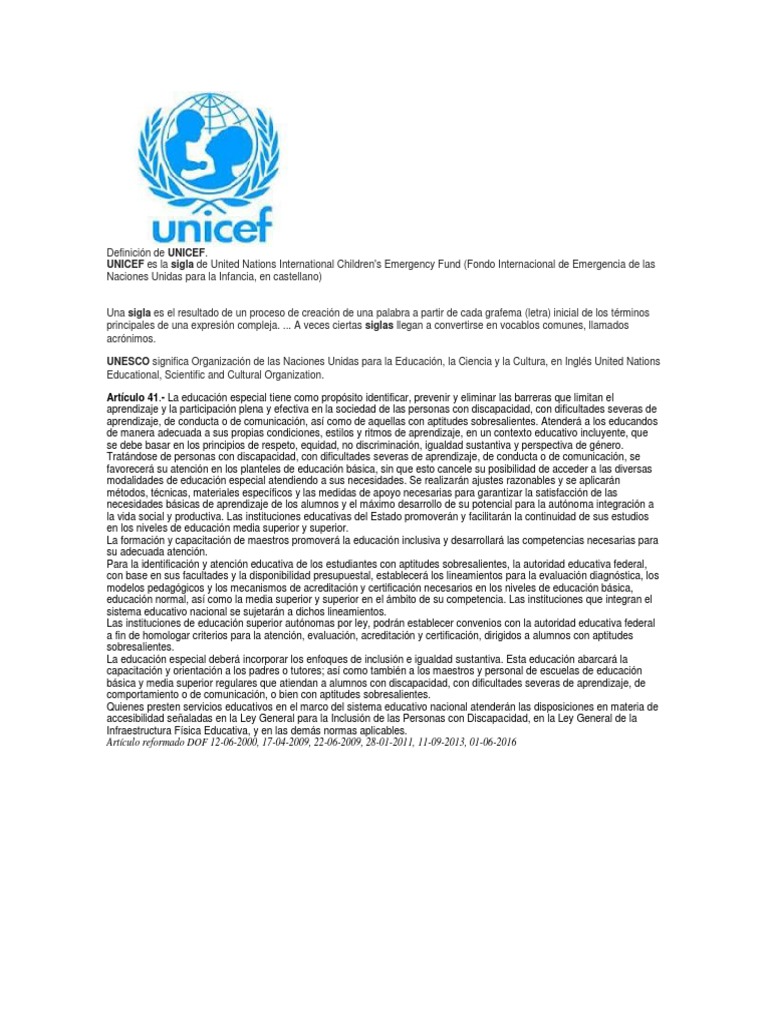Significado de UNICEF y sus siglas | PDF | Educación especial | Unicef