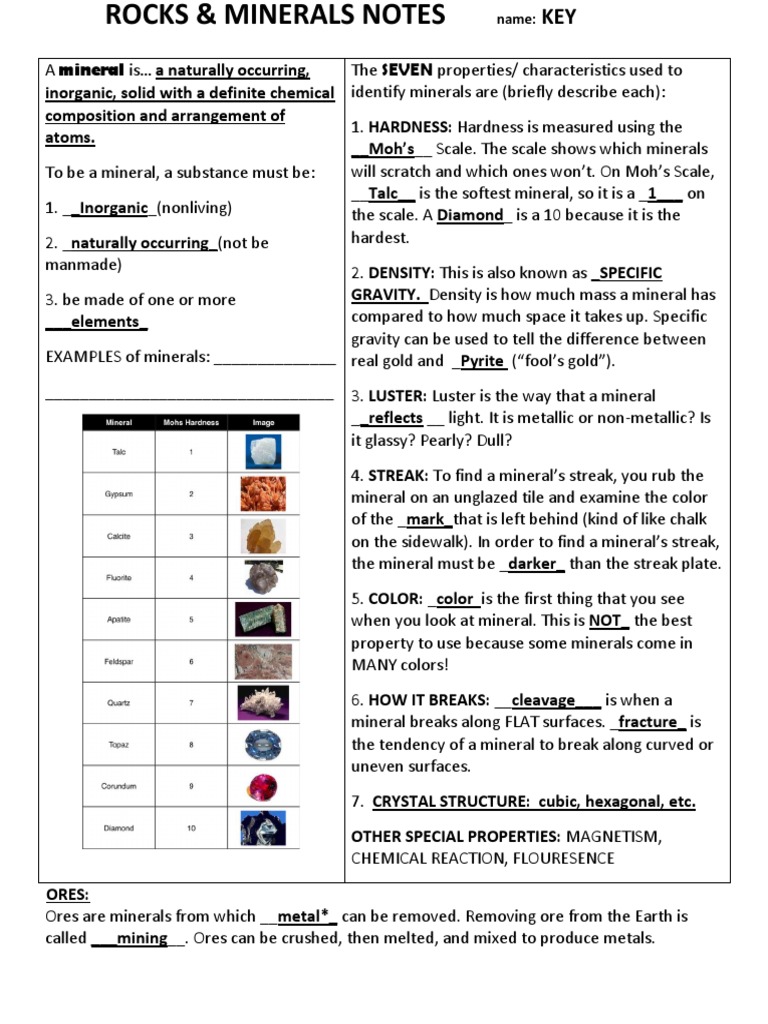 Rocks and Minerals NOTES Key PDF | PDF | Rock (Geology) | Sedimentary Rock