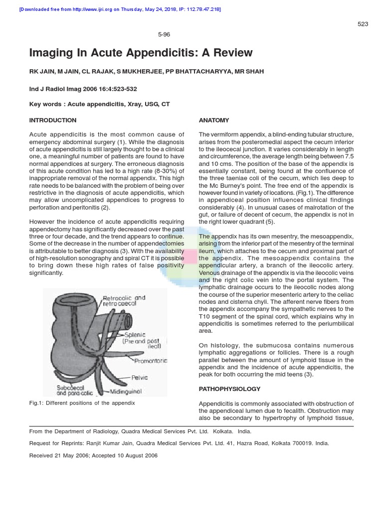 Imaging in Acute Appendicitis: A Review: RK Jain, M Jain, CL Rajak, S ...