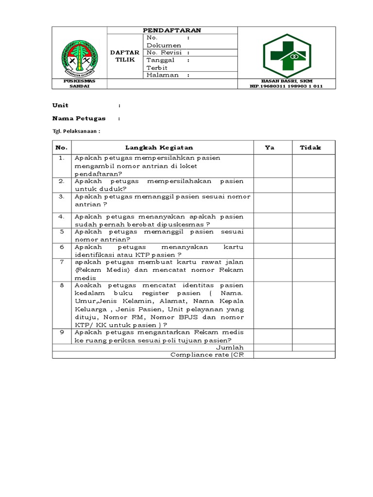 Format Daftar Tilik Sop Pendaftaran | PDF