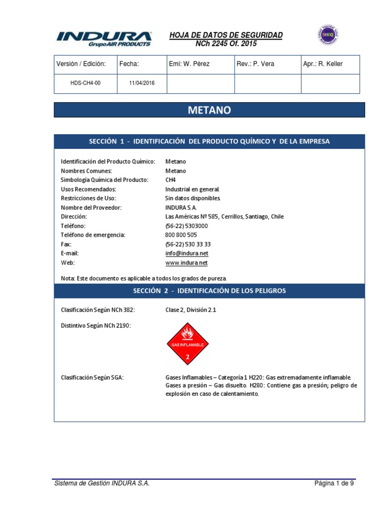 Hoja de datos de seguridad para metano que describe sus propiedades ...