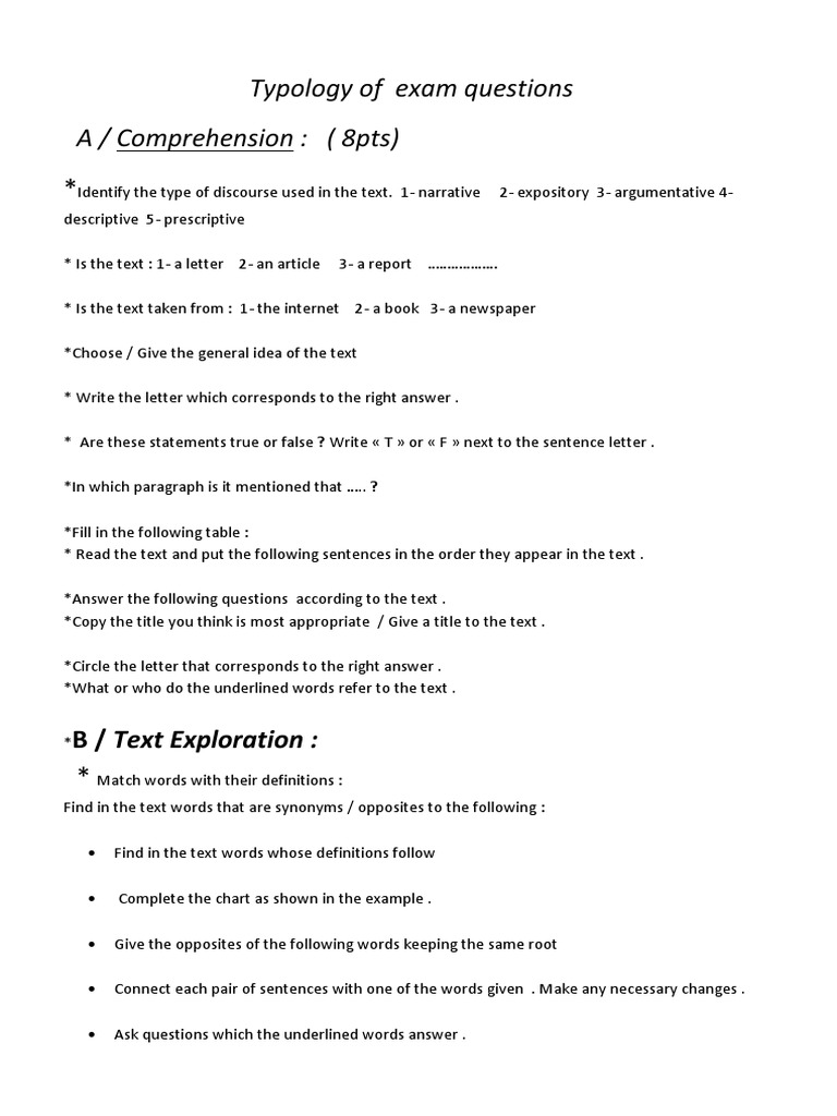 Typology of Exam Questions A / Comprehension: (8pts) : B / Text ...