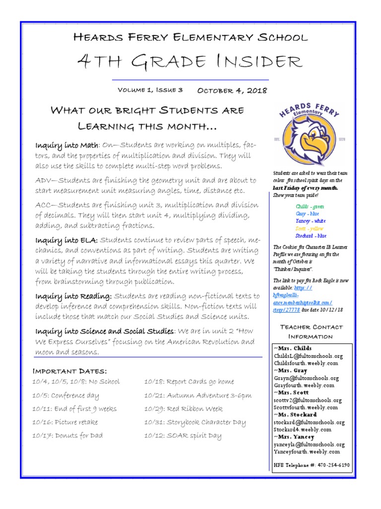 4th Grade Newsletter 10-4-18 | PDF | Behavior Modification | Cognition