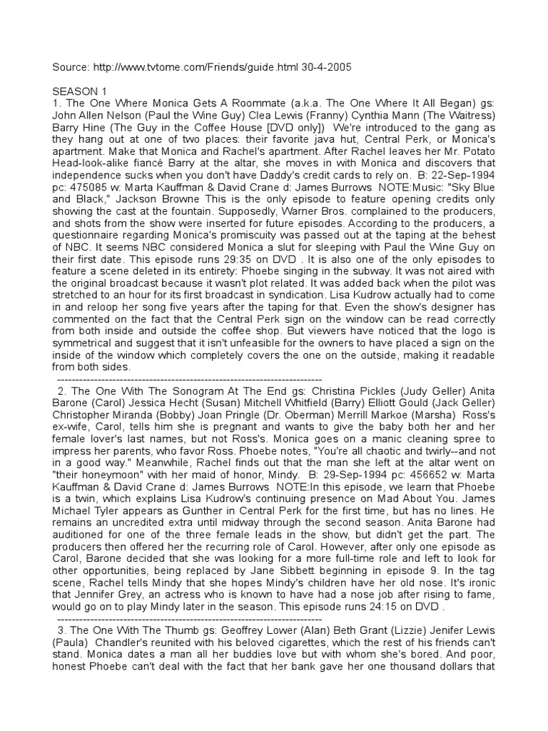 Friends Synopsis and Credits of All Episodes | PDF | Friends | Leisure
