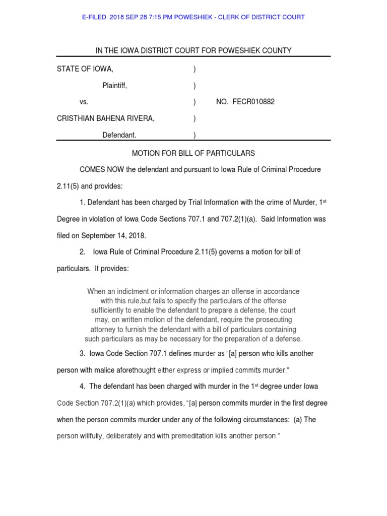 Cristhian Rivera Bill of Particulars | PDF | Malice Aforethought | Murder