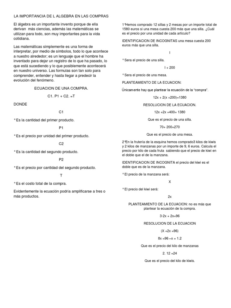 Álgebra Aplicada a Compras Cotidianas | PDF | Ecuaciones | Enseñanza de ...