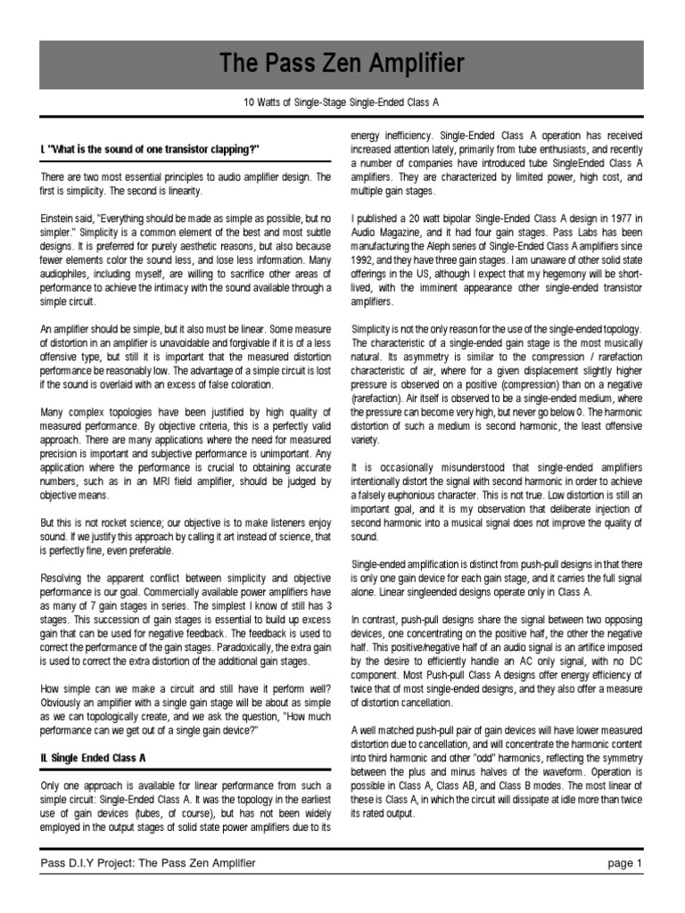 The Pass Zen Amplifier: I. "What Is The Sound of One Transistor ...