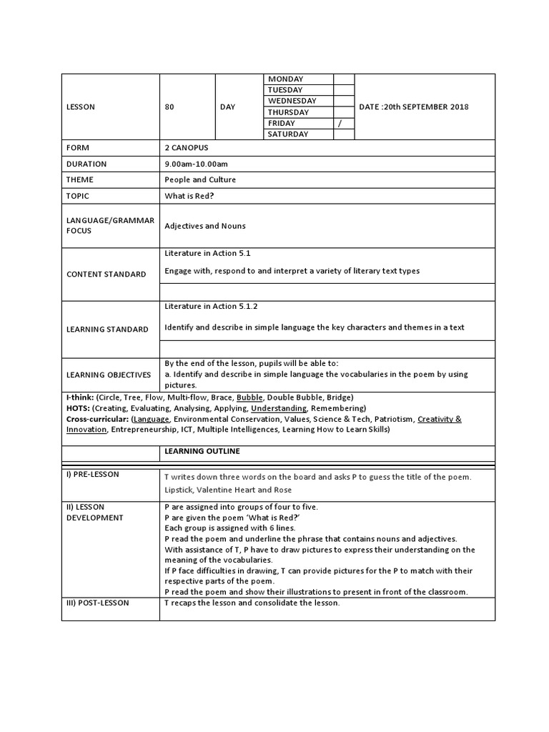 Lesson Plan On What Is RED? Form 2 | PDF | Poetry | Lesson Plan