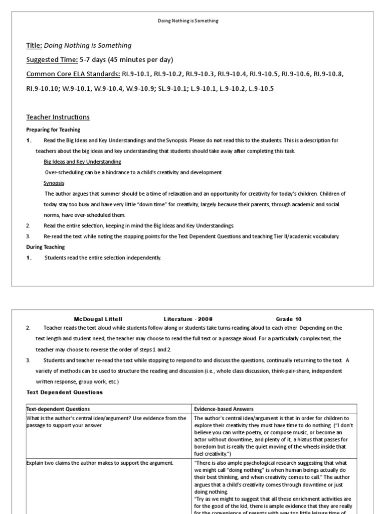 Doing Nothing Is Something. Lesson - Story | PDF | Essays | Question