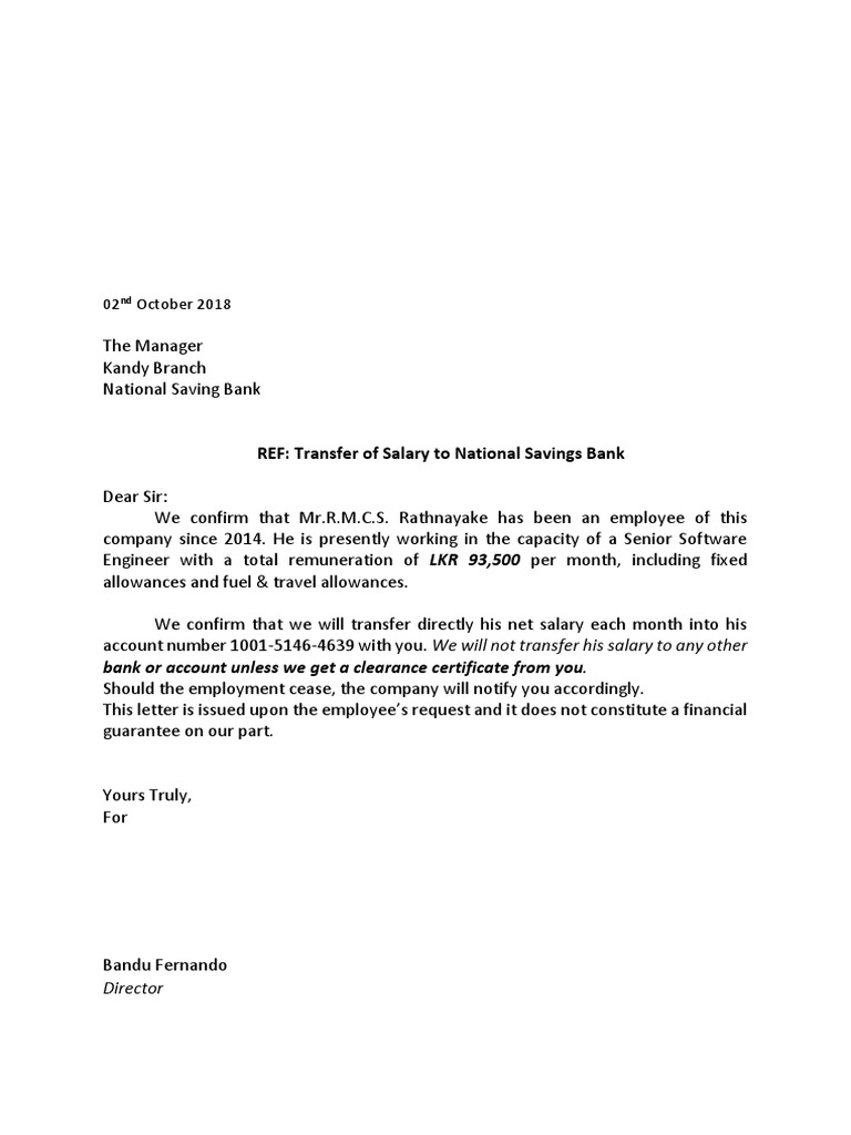Salary Transfer Letter | PDF