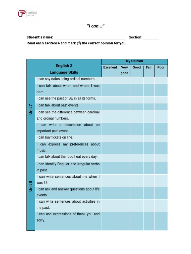 Language Skills Self-Assessment Checklist | PDF | Verb | Linguistic ...