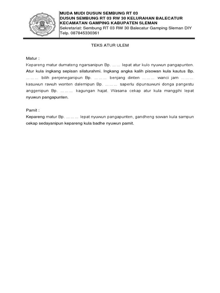 Contoh Atur Ulem Bahasa Jawa Singkat | PDF