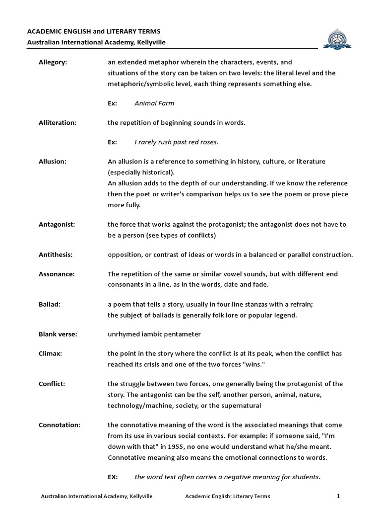 Academic English and Literary Terms Australian International Academy ...