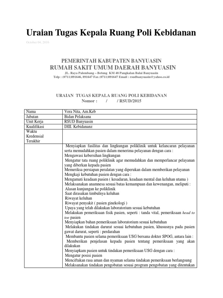 Uraian Tugas Kepala Ruang Poli Kebidanan | PDF