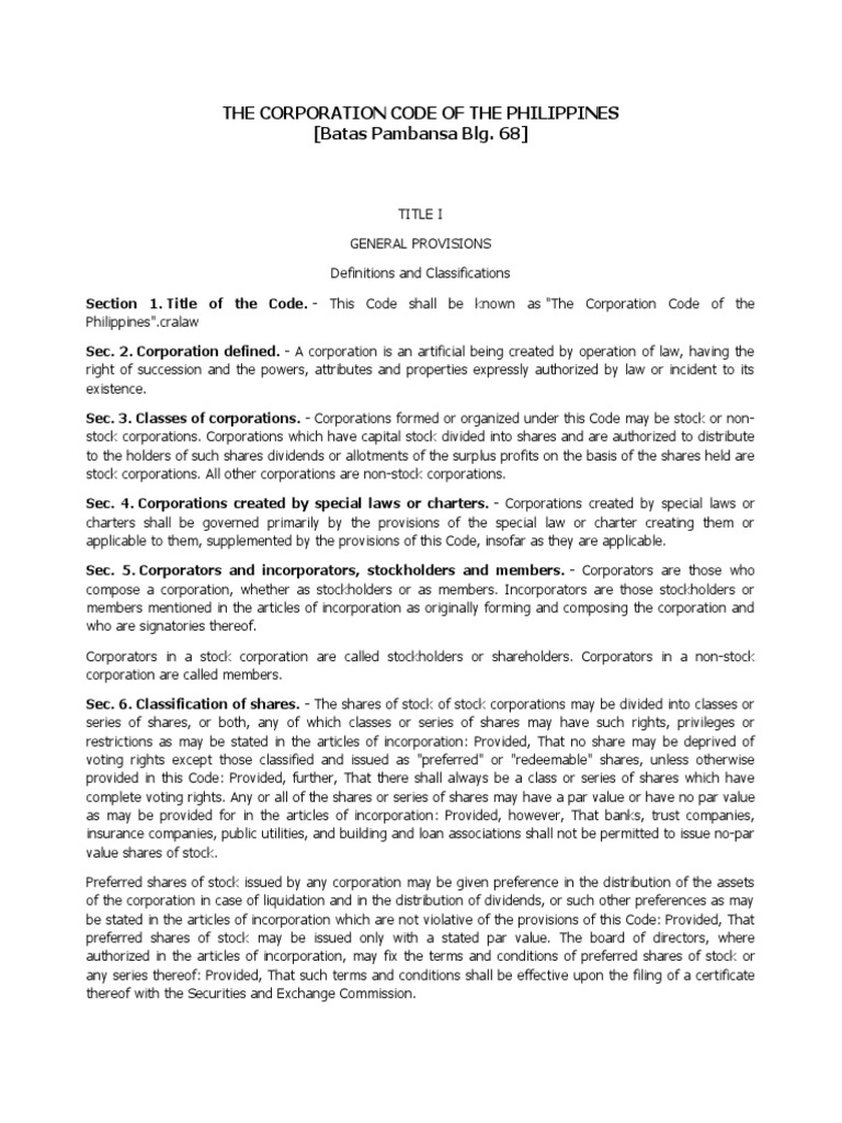 The Corporation Code of The Philippines | PDF | Corporations | Stocks