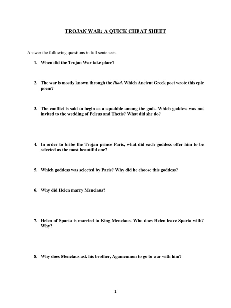 Trojan War: A Quick Cheat Sheet: Answer The Following Questions in Full ...