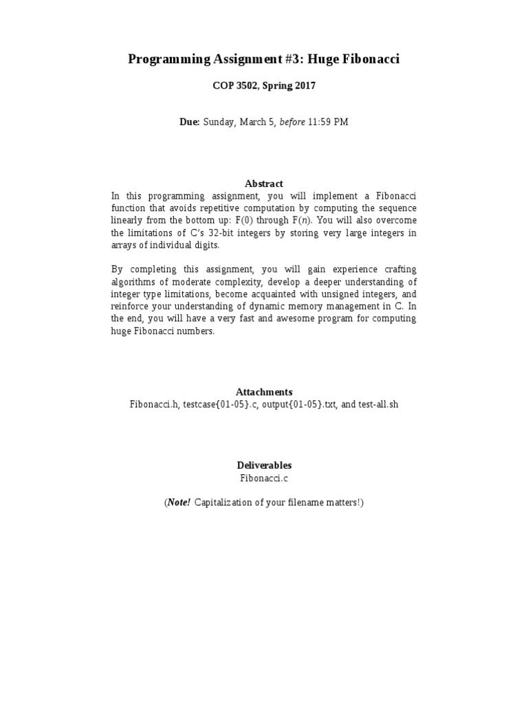 Programming Assignment 3 Huge Fibonacci Cop 3502 Spring 2017 Pdf Integer Computer