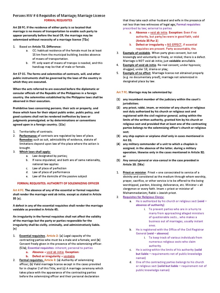 Persons HW # 6 (Requisites of Marriage) | PDF | Consul (Representative ...