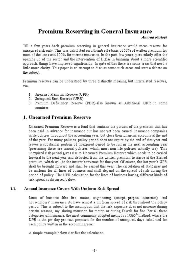 Premium Reserving (Ver1) | PDF | Insurance | Risk