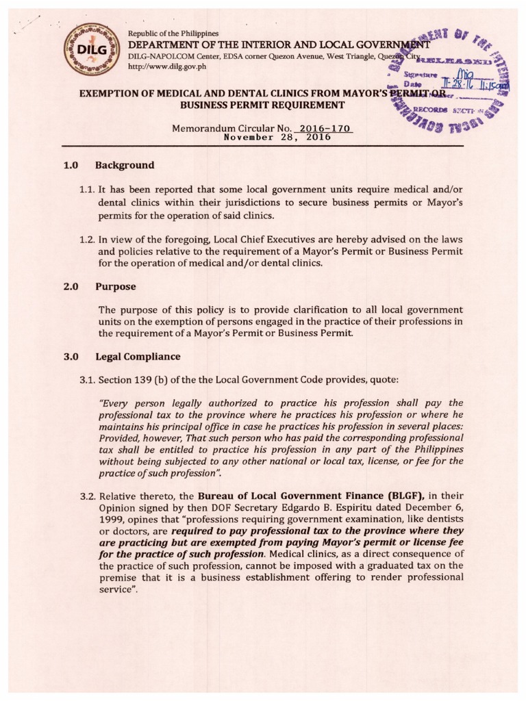 DILG Memo Circular 2016-170 - Exemption From Business Tax | PDF DILG Memo Circular 2016-170 - Exemption From Business Tax | PDF